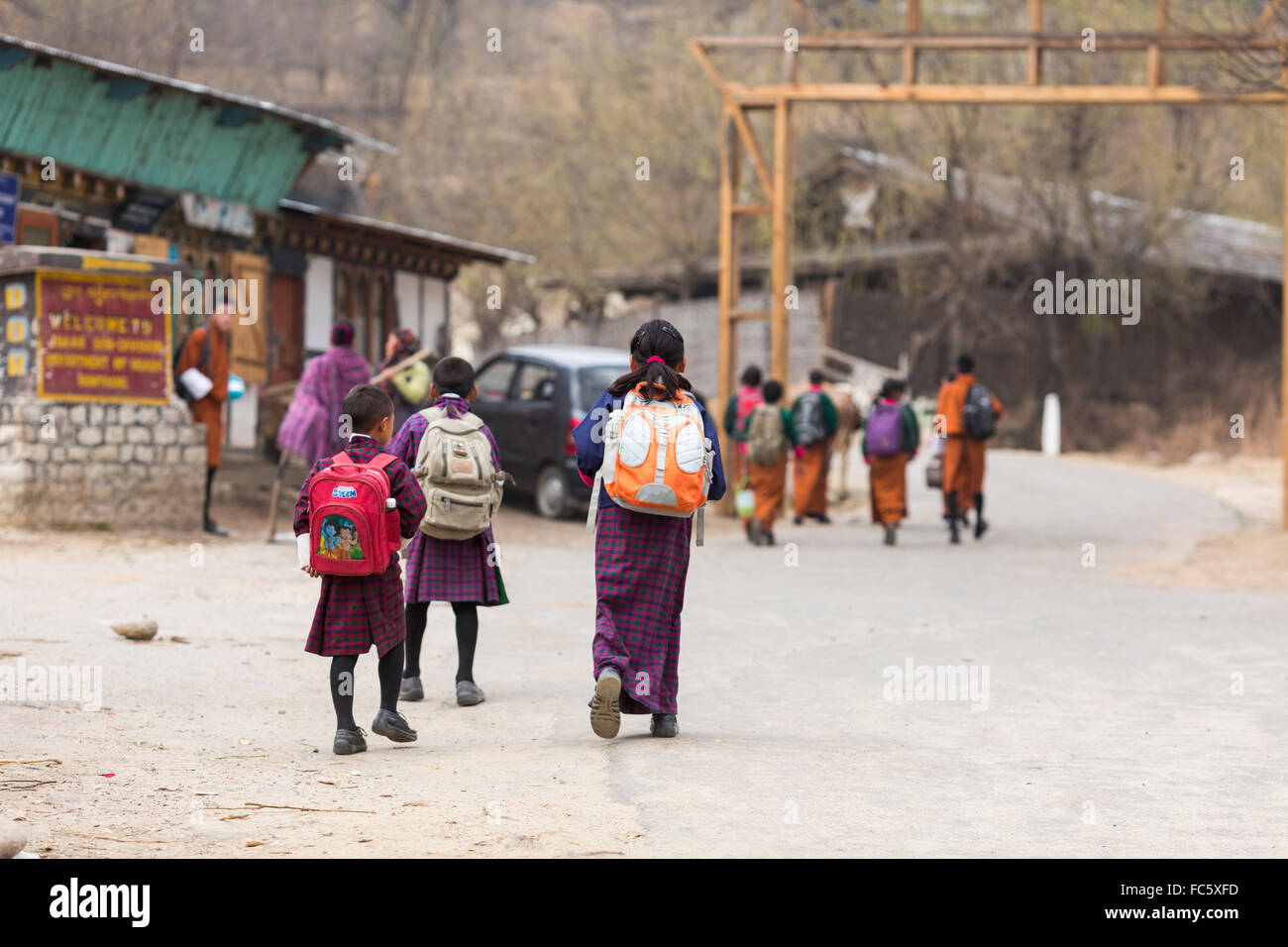 Schoolchildren in traditional costume, Jarkar, Bumthang, Central Bhutan ...