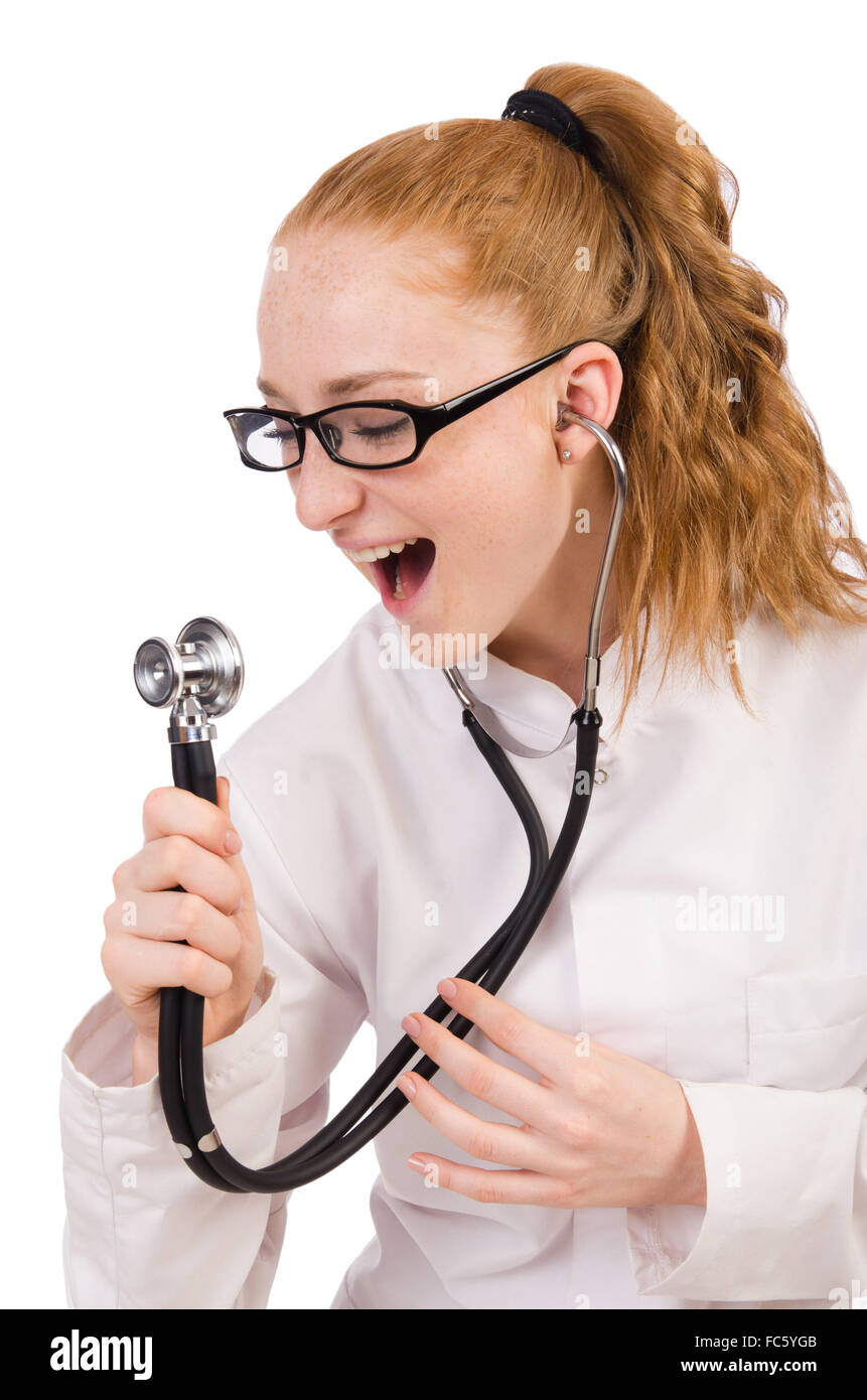 Pretty female doctor with stethoscope isolated on white Stock Photo - Alamy