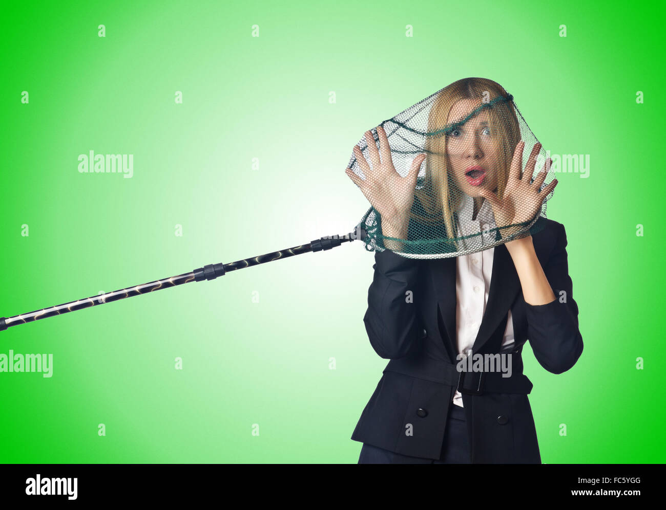 Woman with net isolated on white Stock Photo - Alamy
