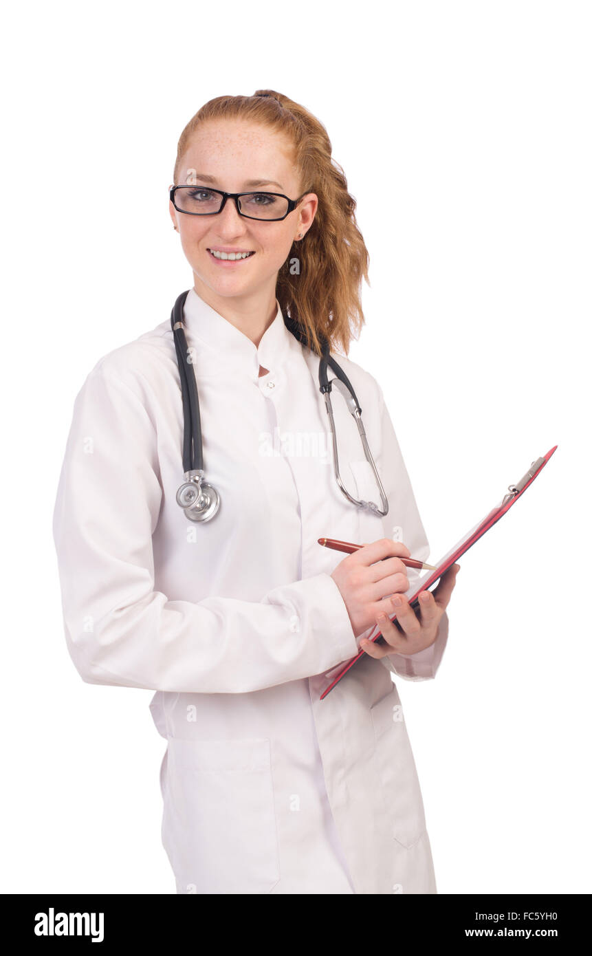 Pretty female doctor with stethoscope isolated on white Stock Photo - Alamy