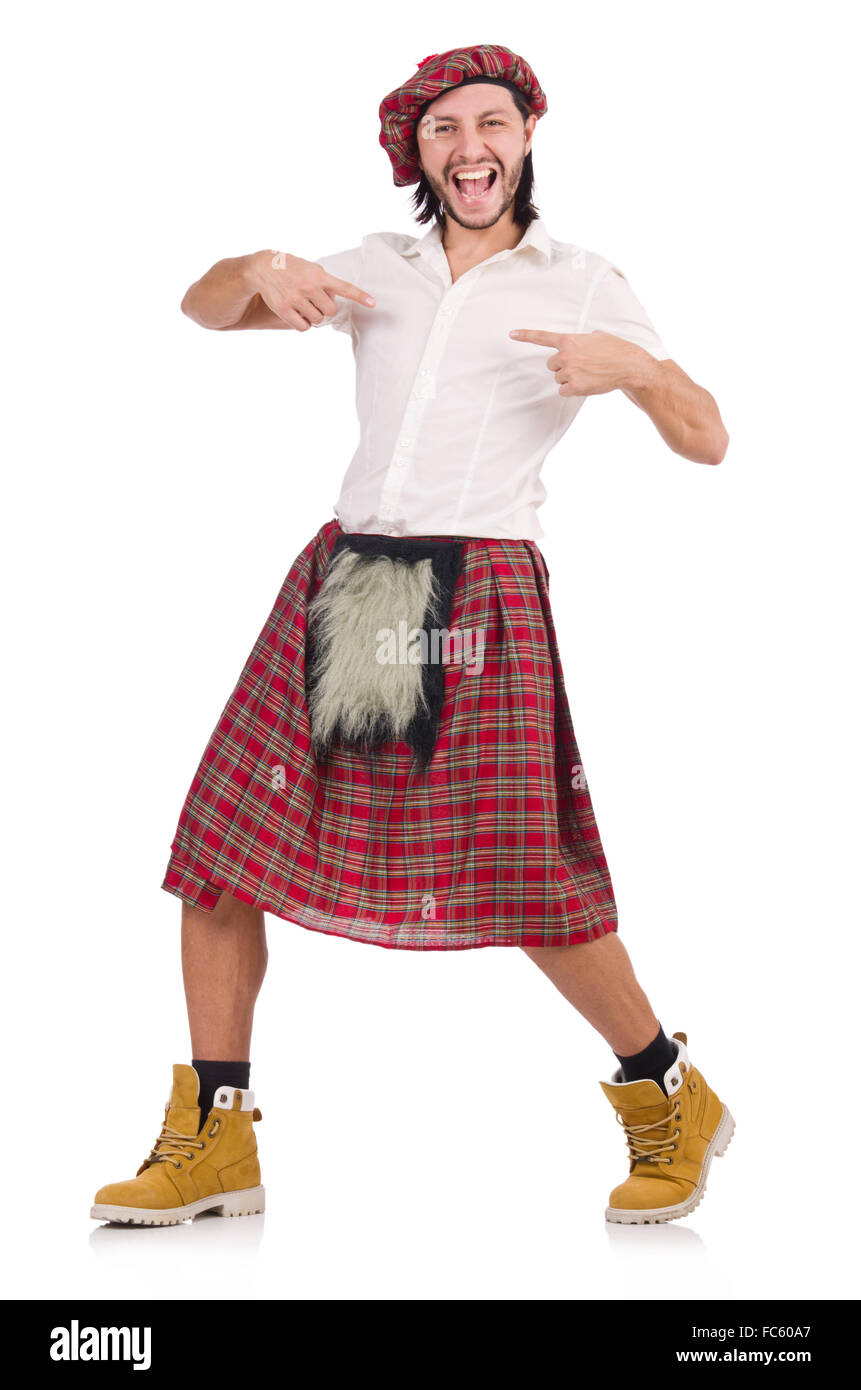 Man in scottish skirt isolated on white Stock Photo - Alamy