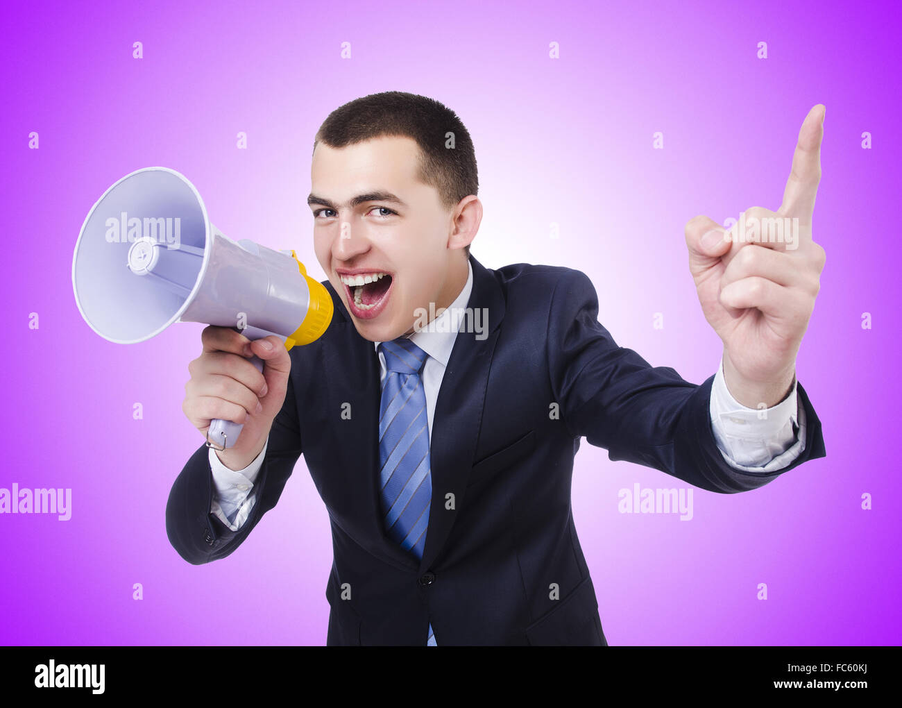 Man with loudspeaker isolated on white Stock Photo - Alamy