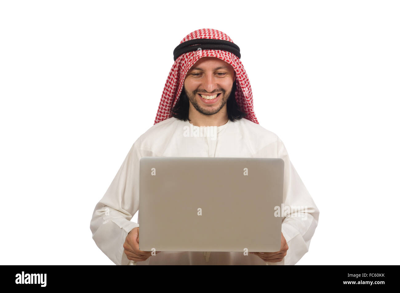 Arab man with laptop isolated on white Stock Photo - Alamy