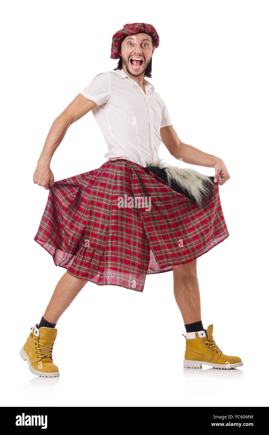 Man in scottish skirt isolated on white Stock Photo - Alamy