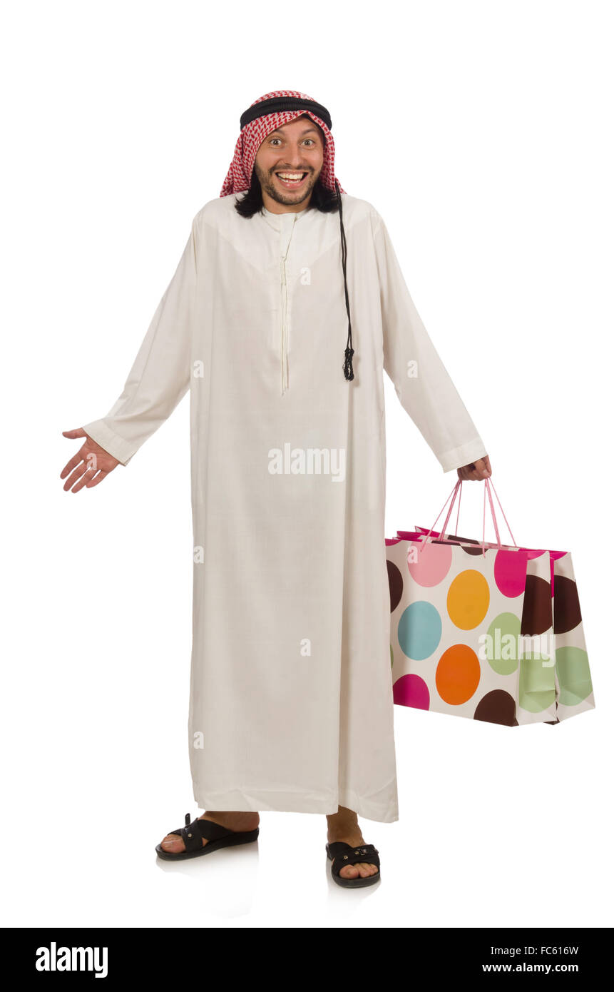 Arab man with shopping bags on white Stock Photo - Alamy
