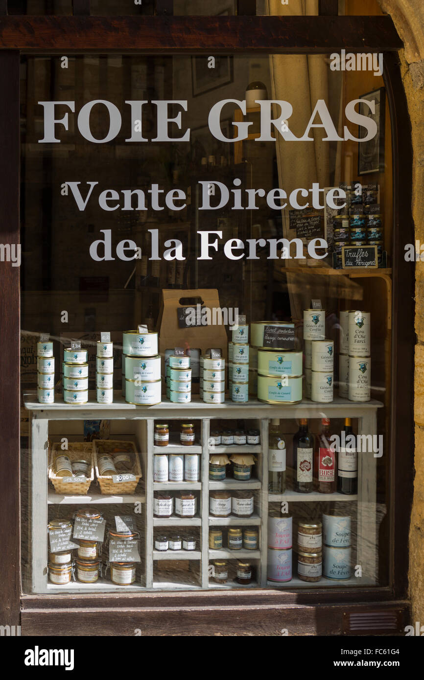 Foie gras shop window with signs, Sarlat-le-Canada, Dordogne, France ...