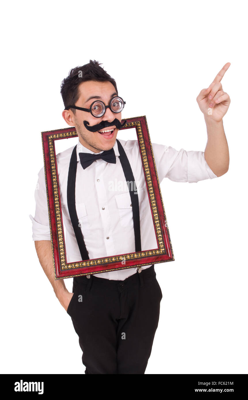 Young man with frame isolated on white Stock Photo - Alamy