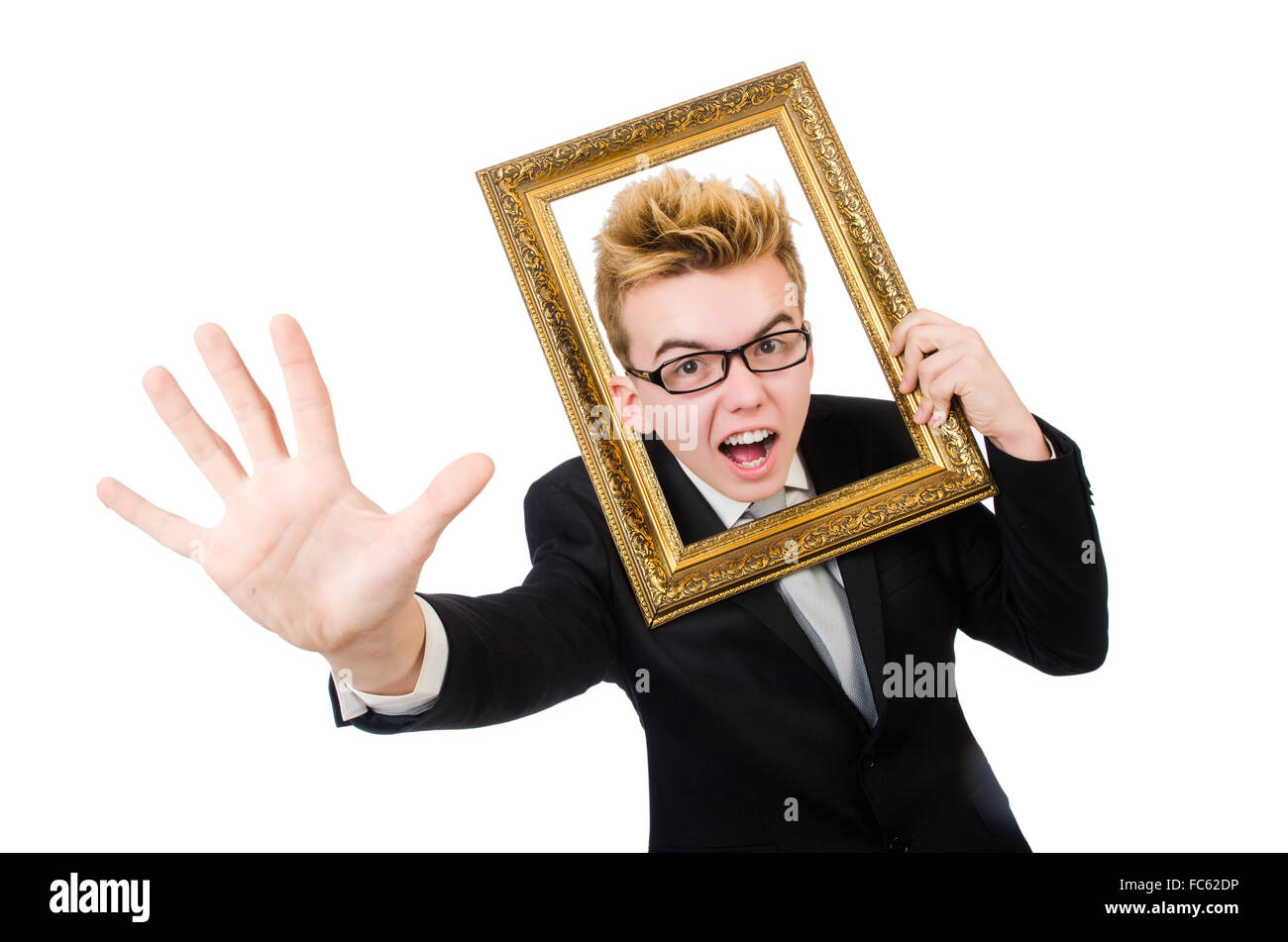 Young businessman holding picture frame isolated on white Stock Photo ...