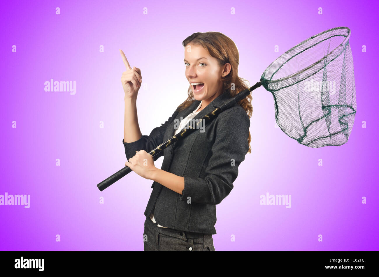 Woman with net isolated on white Stock Photo - Alamy