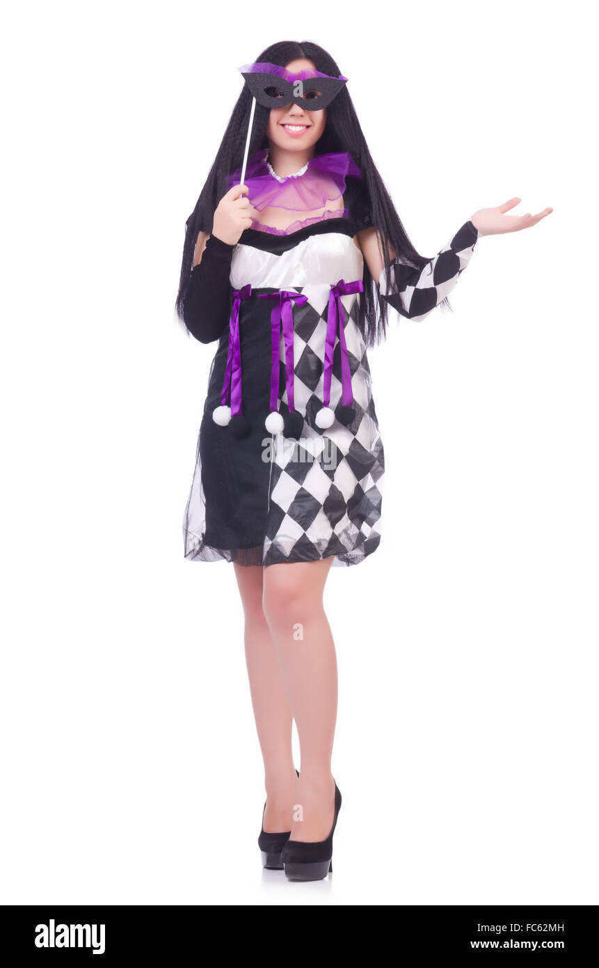 Pretty girl in jester costume isolated on white Stock Photo - Alamy