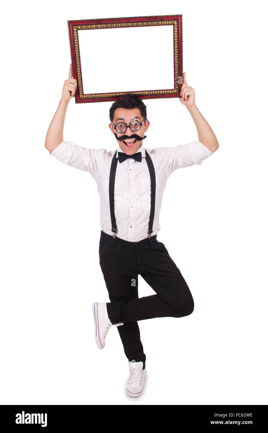 Young man with frame isolated on white Stock Photo - Alamy