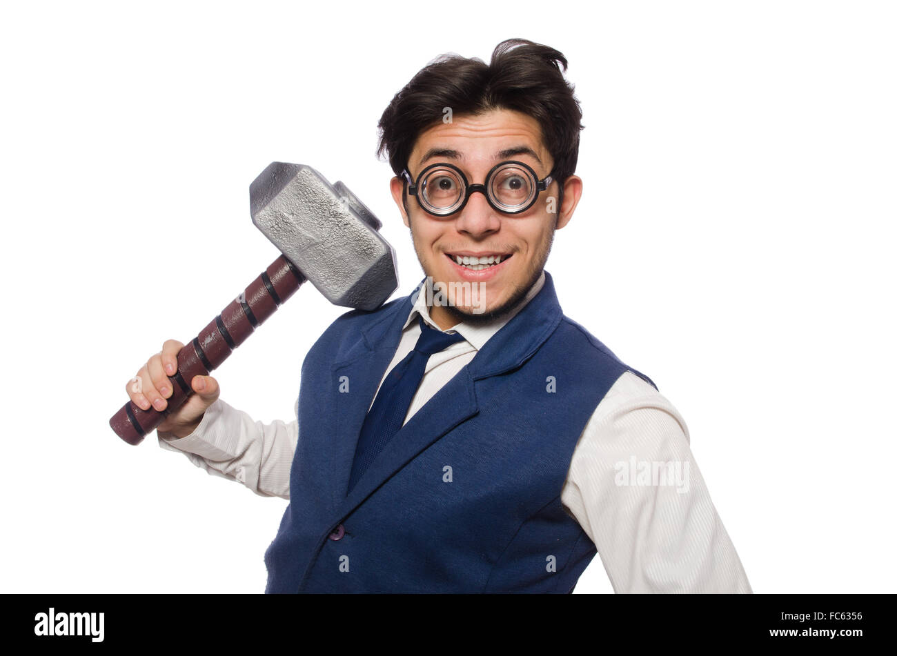 Young man holding hammer isolated on white Stock Photo - Alamy