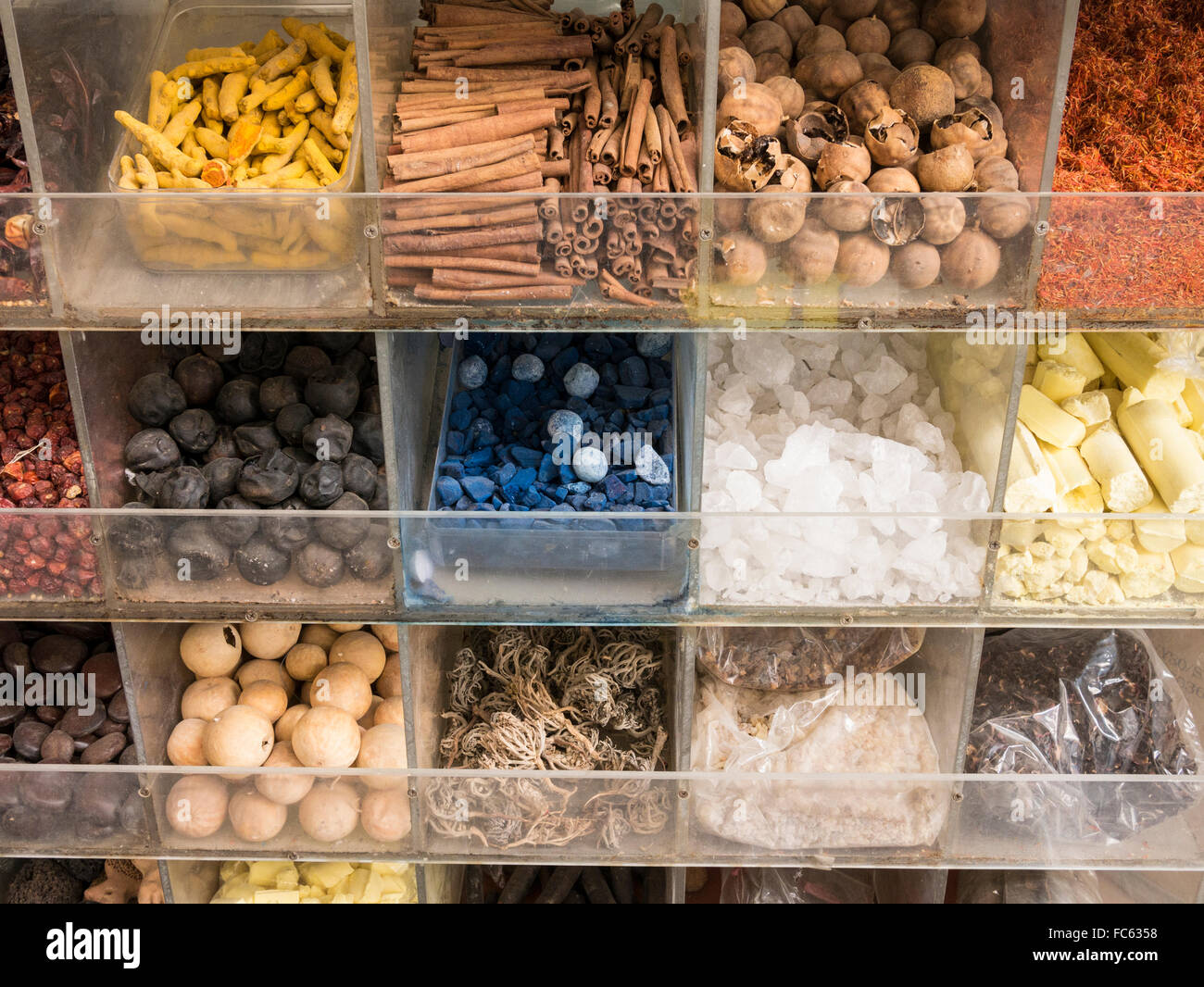 Dubai spice souk window display; herbs, dried fruits, spices, dried ...