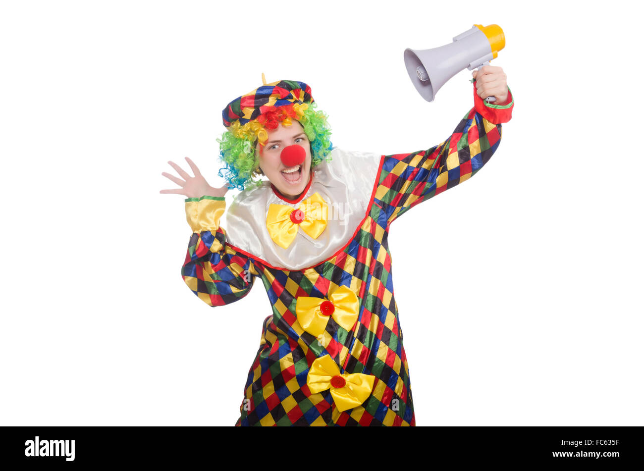 Clown with loudspeaker isolated on white Stock Photo - Alamy