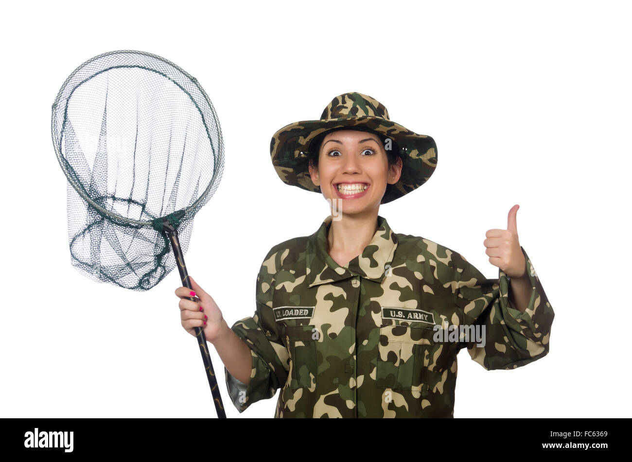 Woman in military clothing with catching net Stock Photo - Alamy