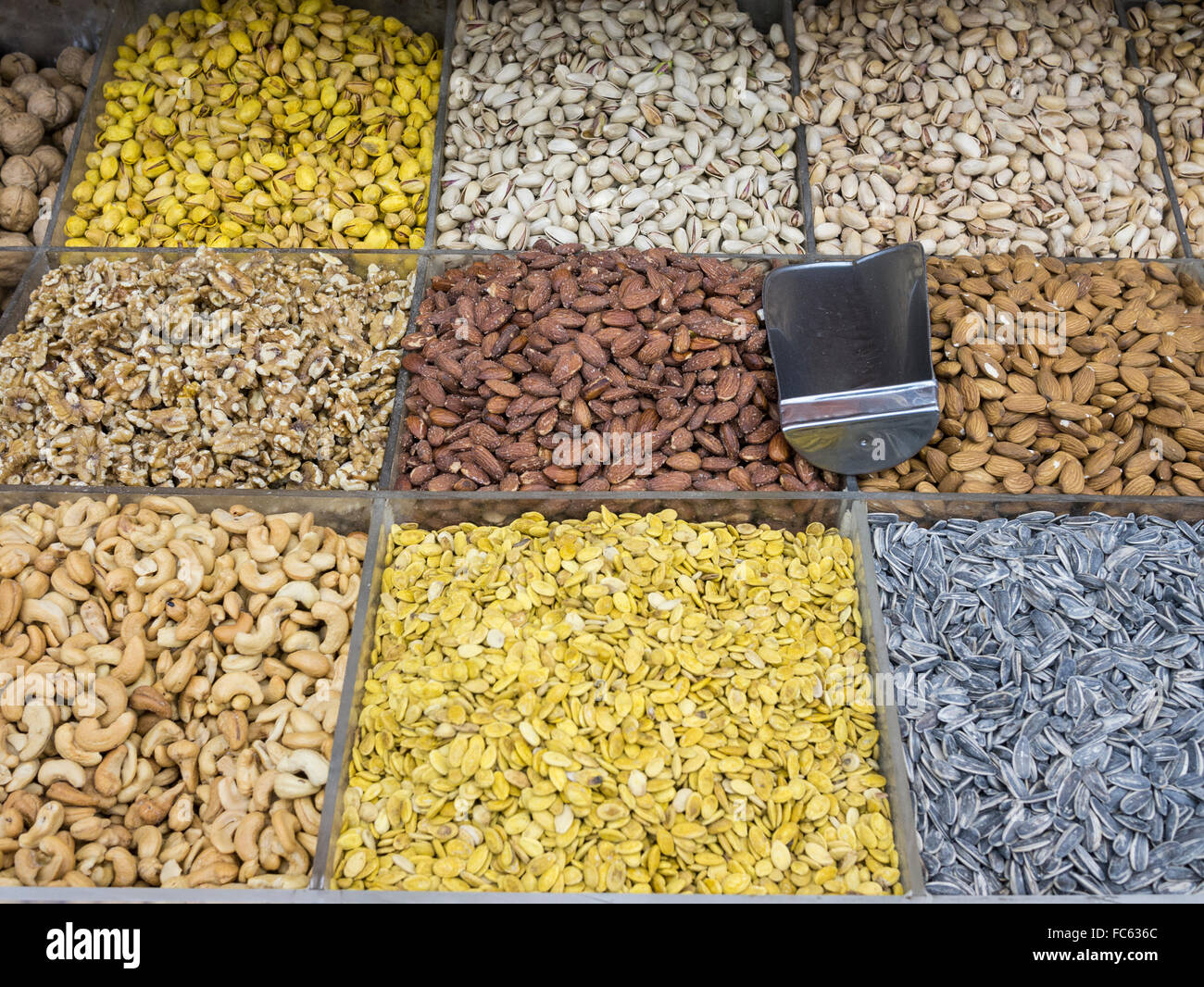 Dubai spice souk window display; herbs, dried fruits, spices, dried ...