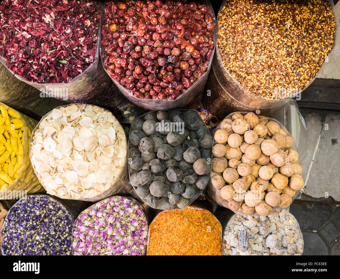 Dubai spice souk window display; herbs, dried fruits, spices, dried ...