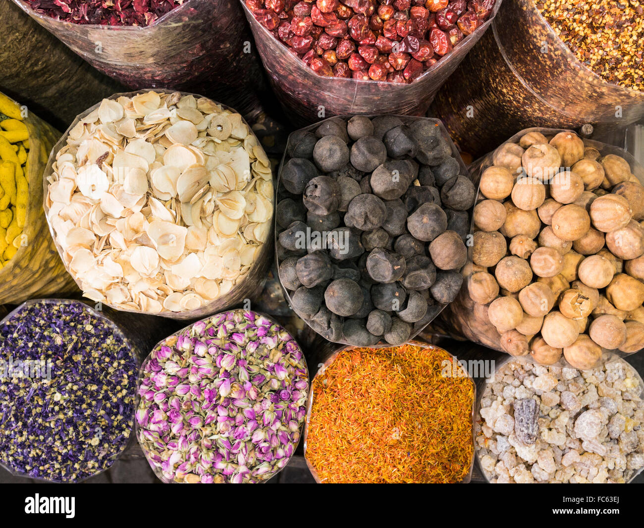 Dubai spice souk window display; herbs, dried fruits, spices, dried ...