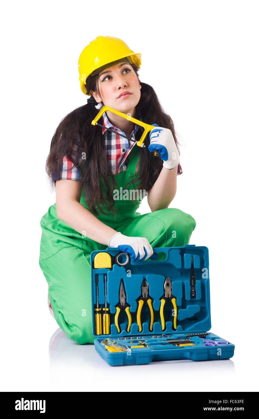 Female workman in green overalls isolated on white Stock Photo - Alamy