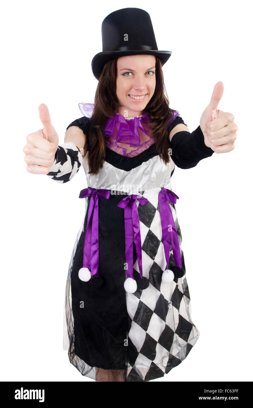 Pretty girl in jester costume isolated on white Stock Photo - Alamy