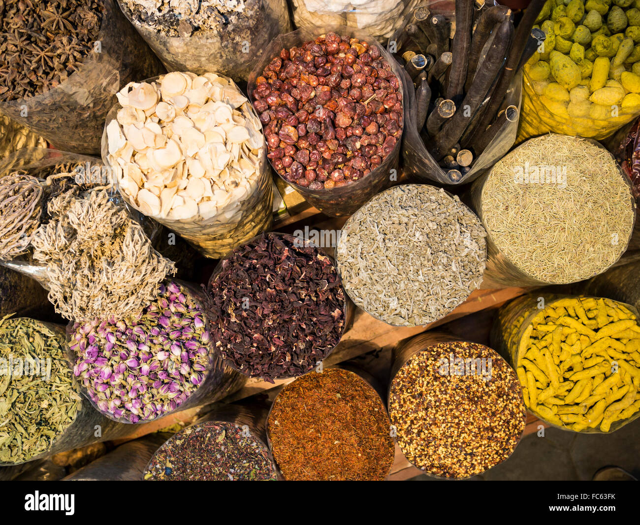 Dubai spice souk window display; herbs, dried fruits, spices, dried ...