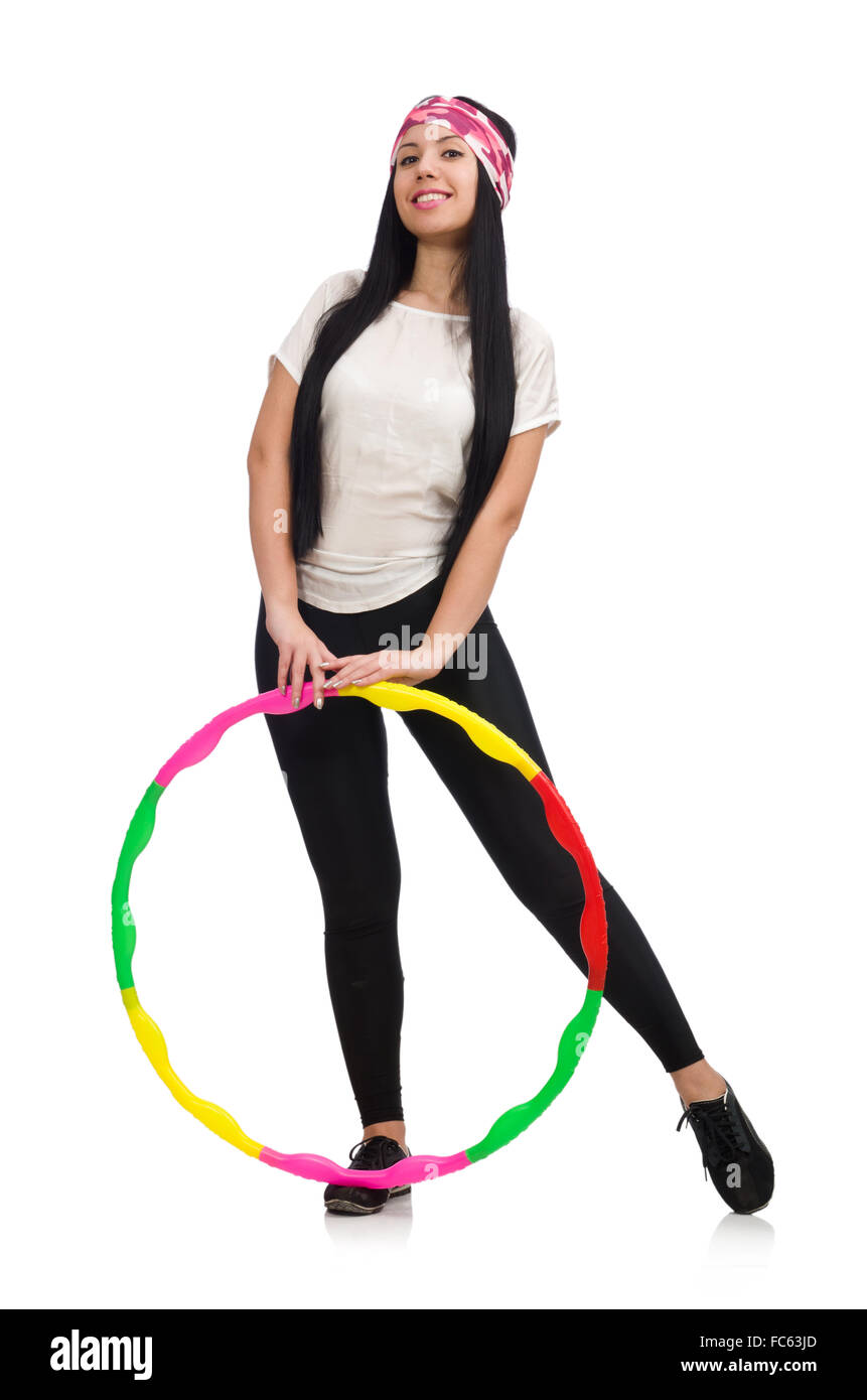 A girl in sport suit with hula hoop isolated on white Stock Photo - Alamy