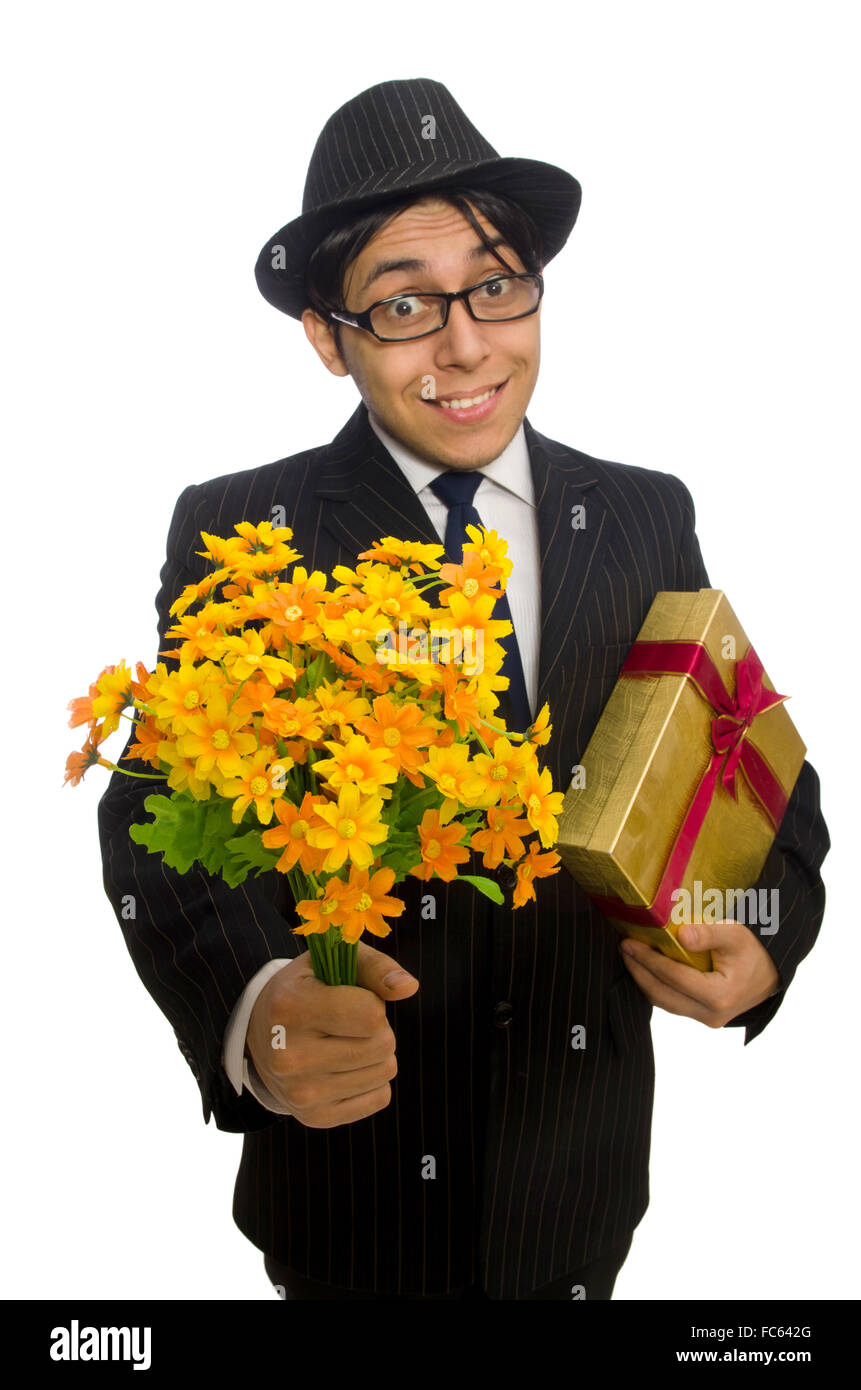 Gentleman with gift box and flowers isolated on white Stock Photo - Alamy