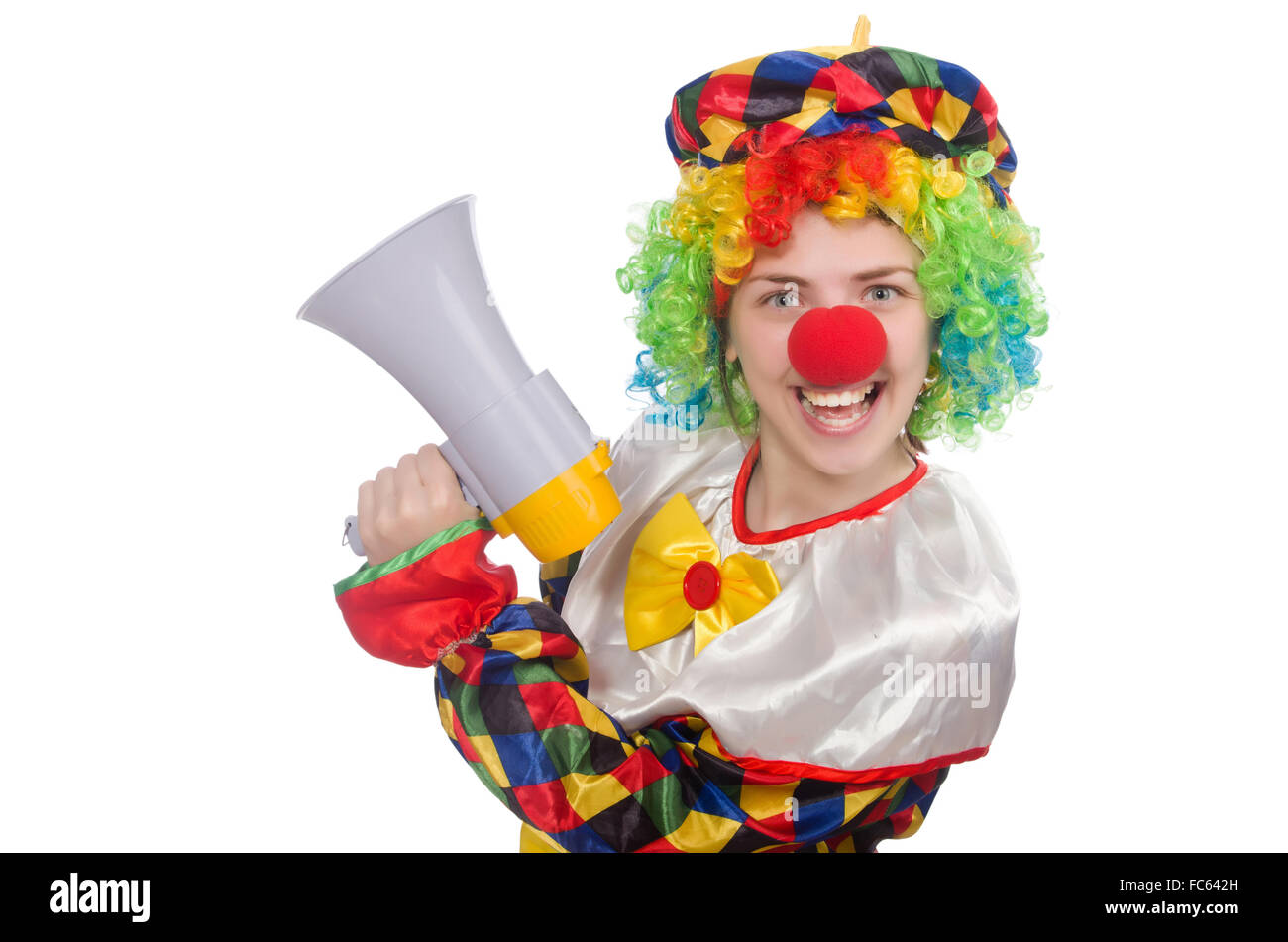 Clown with loudspeaker isolated on white Stock Photo - Alamy