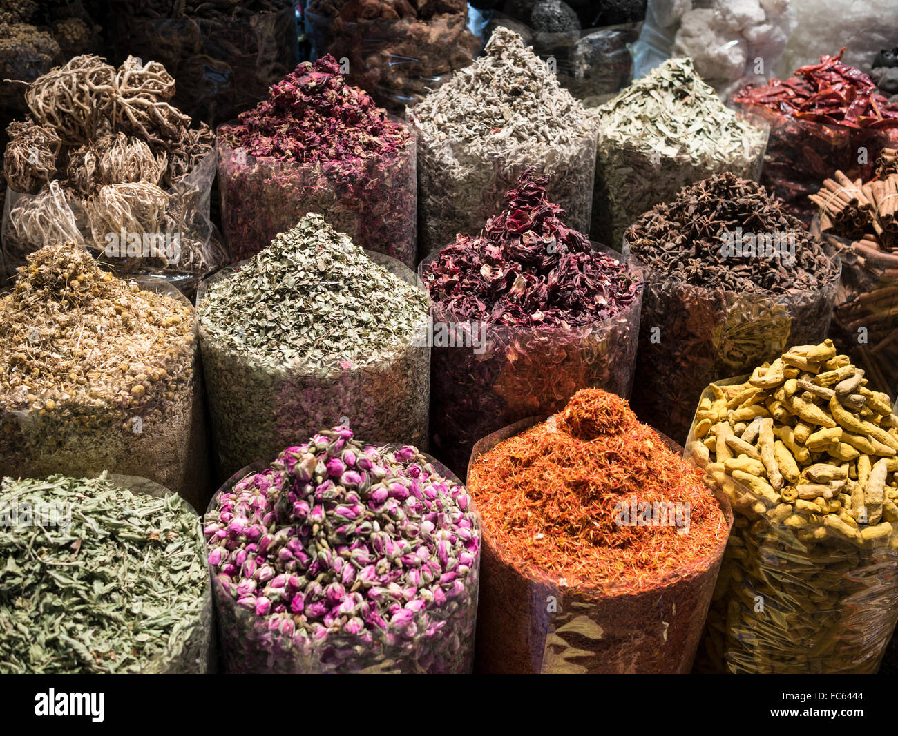 Dubai spice souk window display; herbs, dried fruits, spices, dried ...