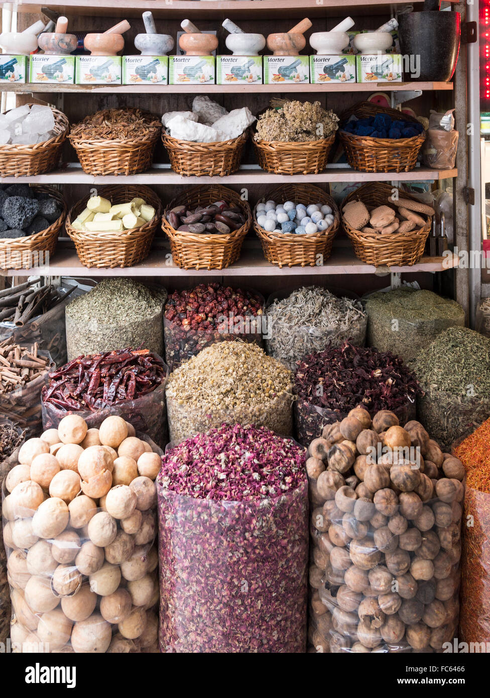 Dubai spice souk window display; herbs, dried fruits, spices, dried ...