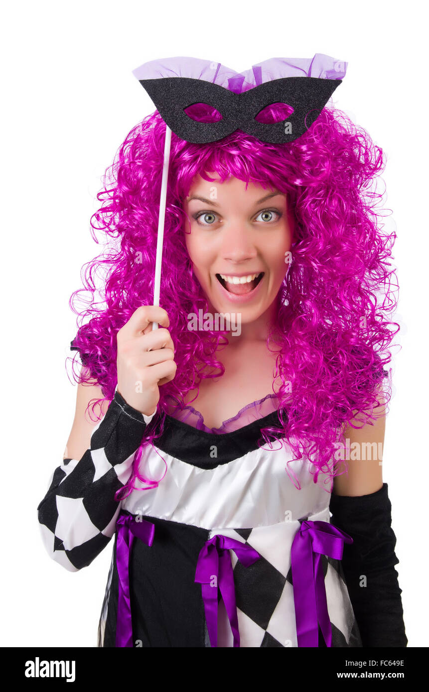Pretty girl in jester costume isolated on white Stock Photo - Alamy
