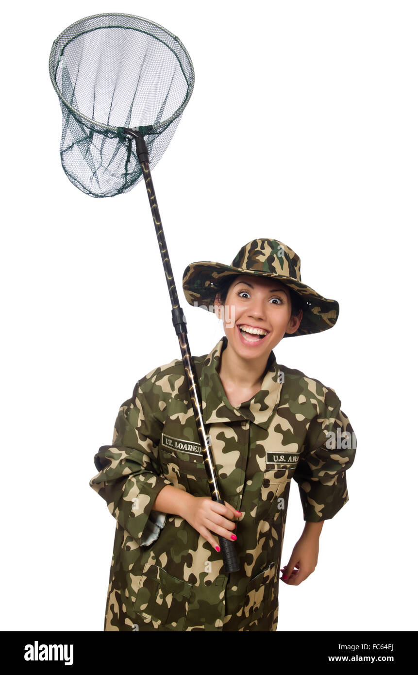 Woman in military clothing with catching net Stock Photo - Alamy