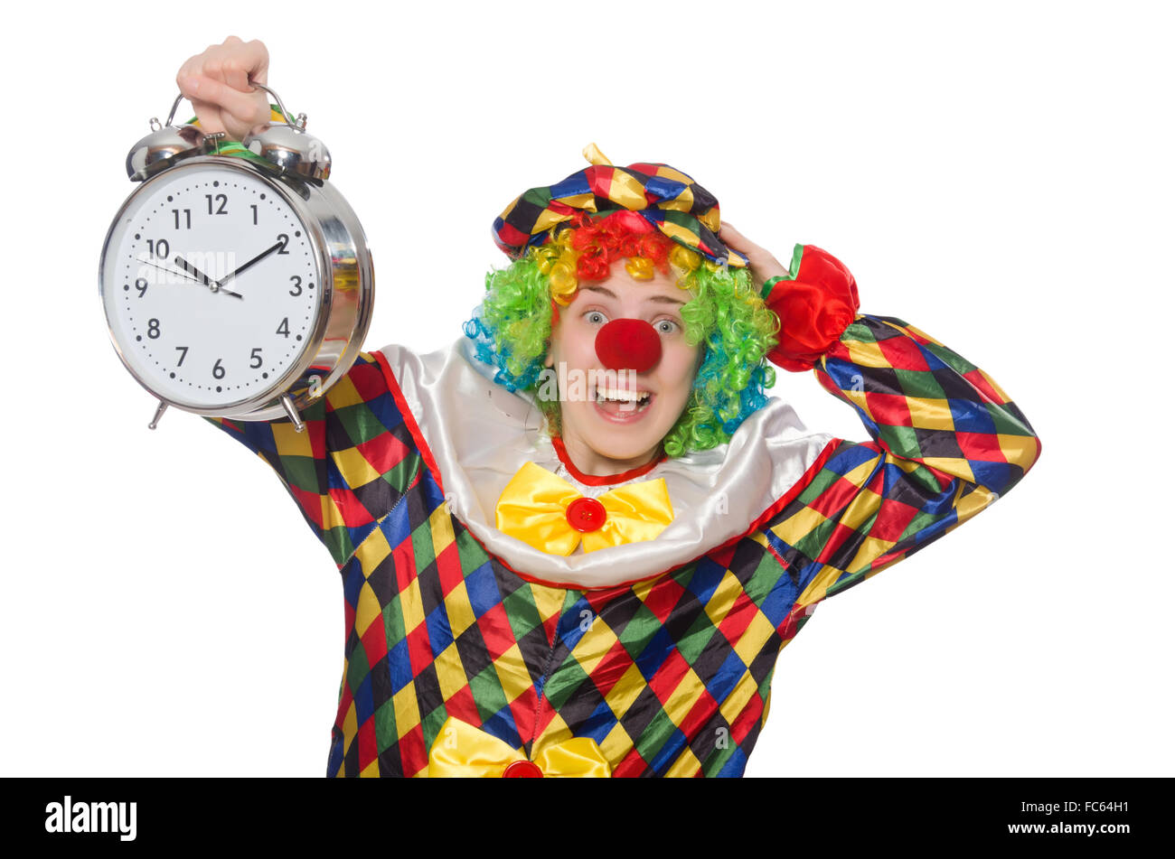 Clown with clock isolated on white Stock Photo - Alamy