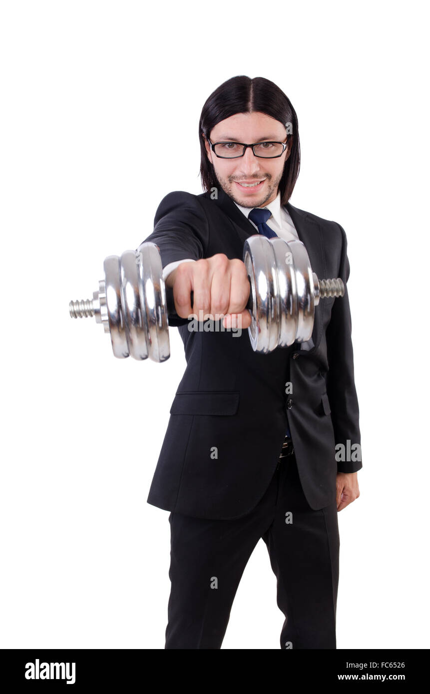 Young businessman holding barbell isolated on white Stock Photo - Alamy