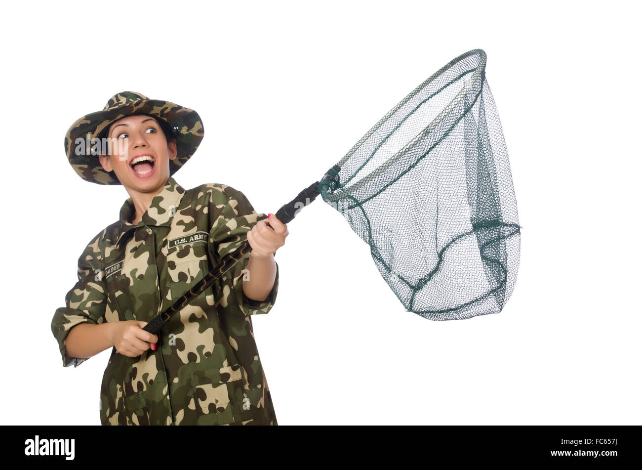 Woman in military clothing with catching net Stock Photo - Alamy