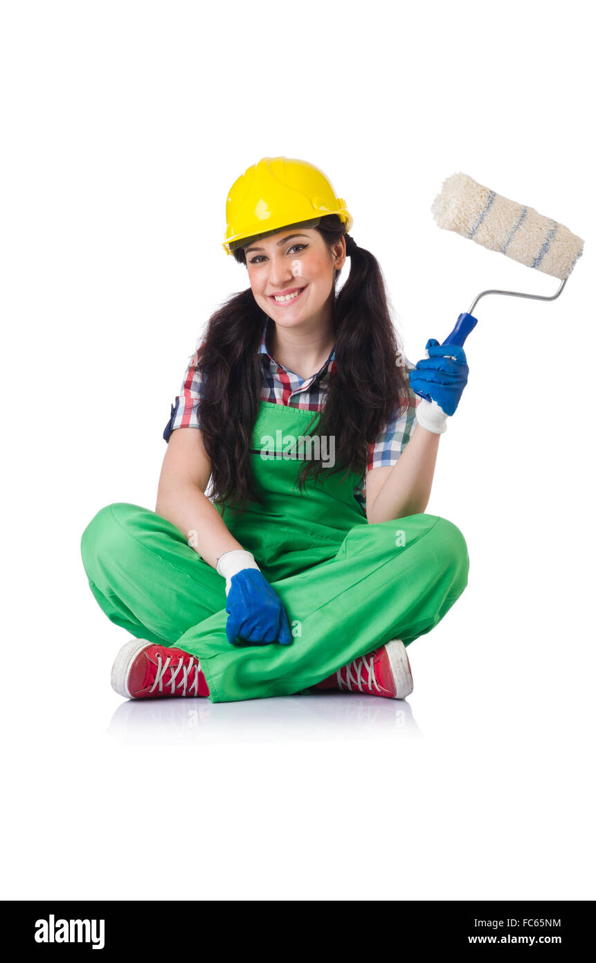 Female workman in green overalls isolated on white Stock Photo - Alamy