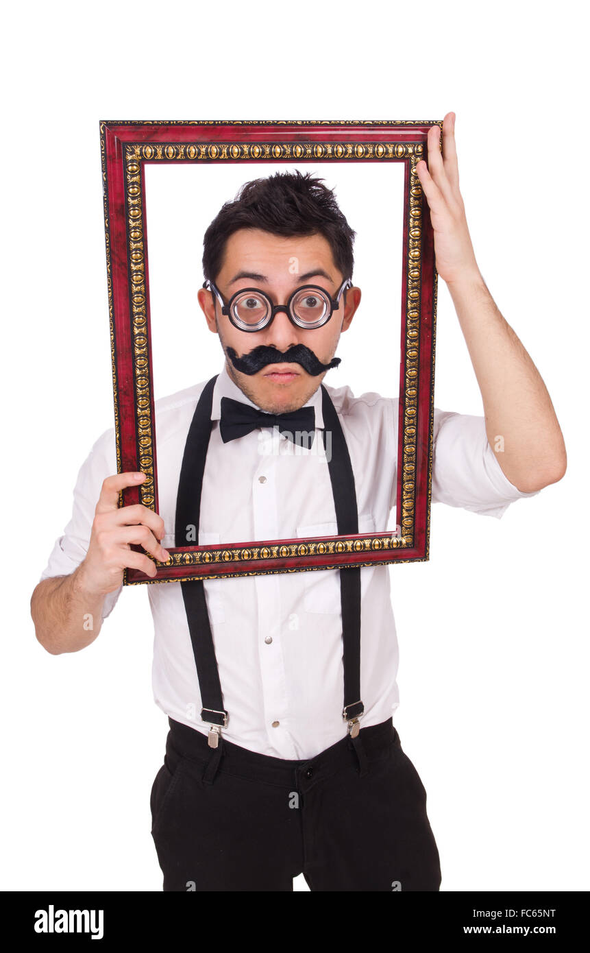 Young man with frame isolated on white Stock Photo - Alamy