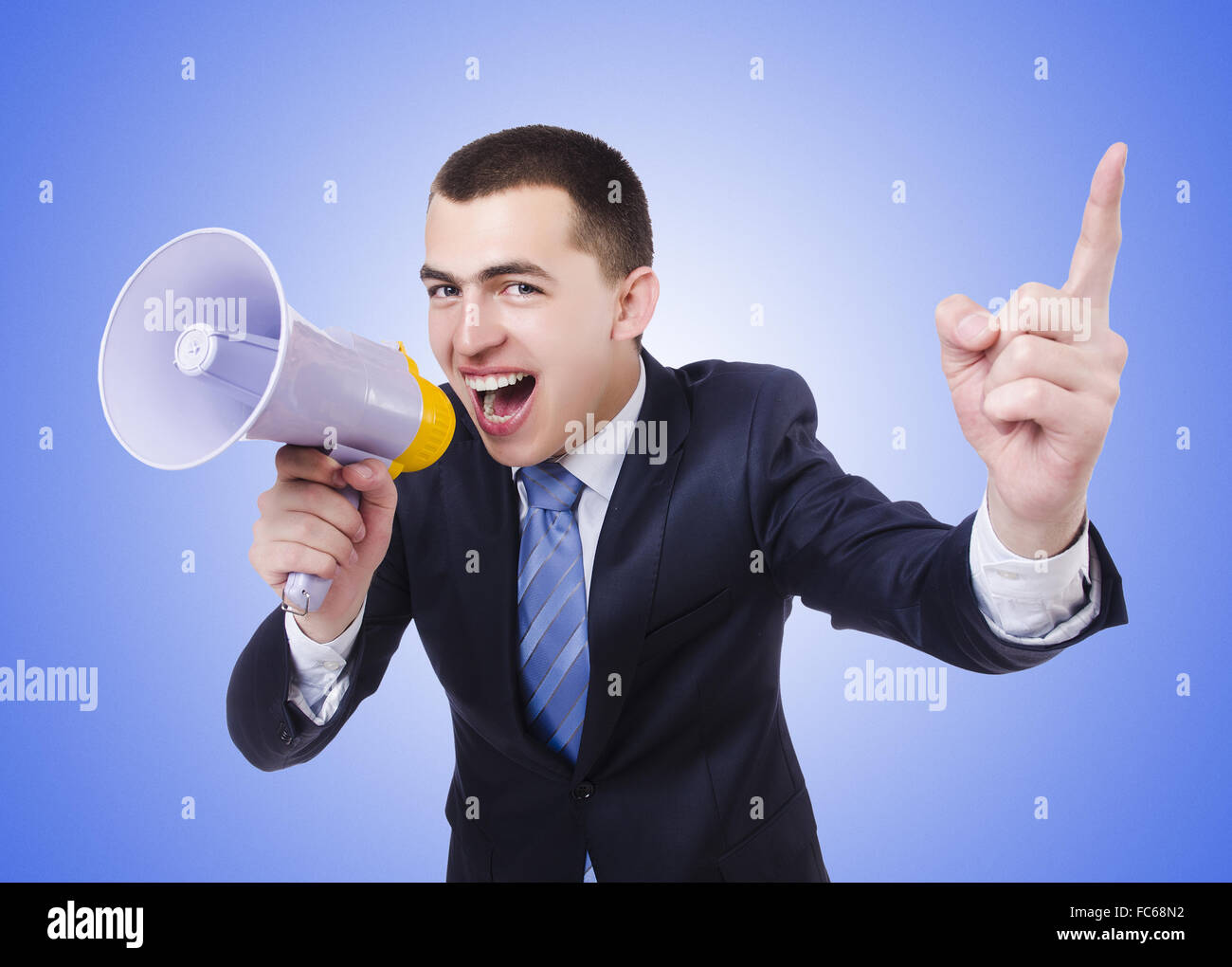 Man with loudspeaker isolated on white Stock Photo - Alamy