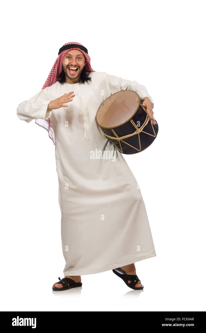 Arab man playing drum isolated on white Stock Photo - Alamy
