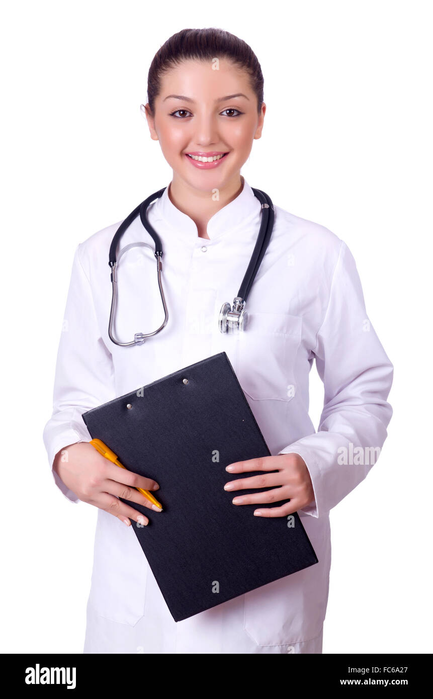 Pretty female doctor holding diary isolated on white Stock Photo - Alamy