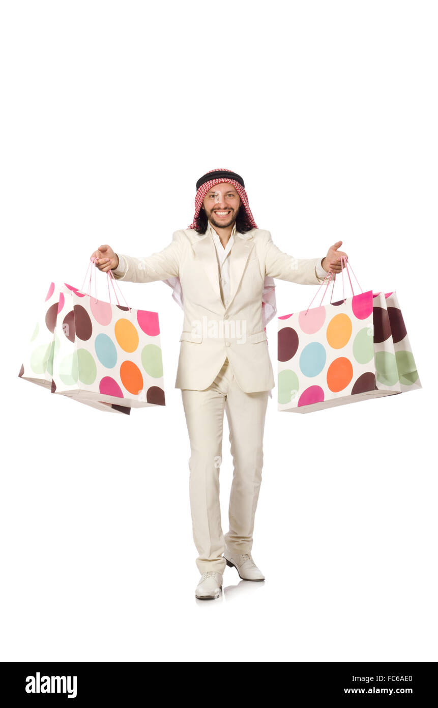 Arab man with shopping bags on white Stock Photo - Alamy