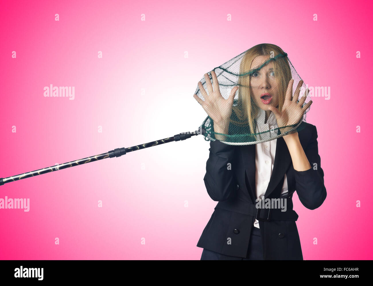Woman with net isolated on white Stock Photo - Alamy
