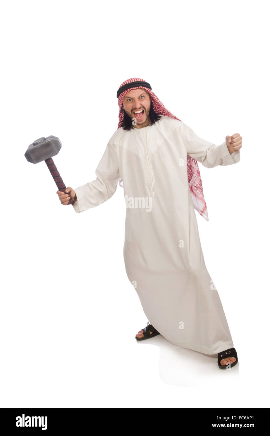Angry arab man with hammer isolated on white Stock Photo - Alamy