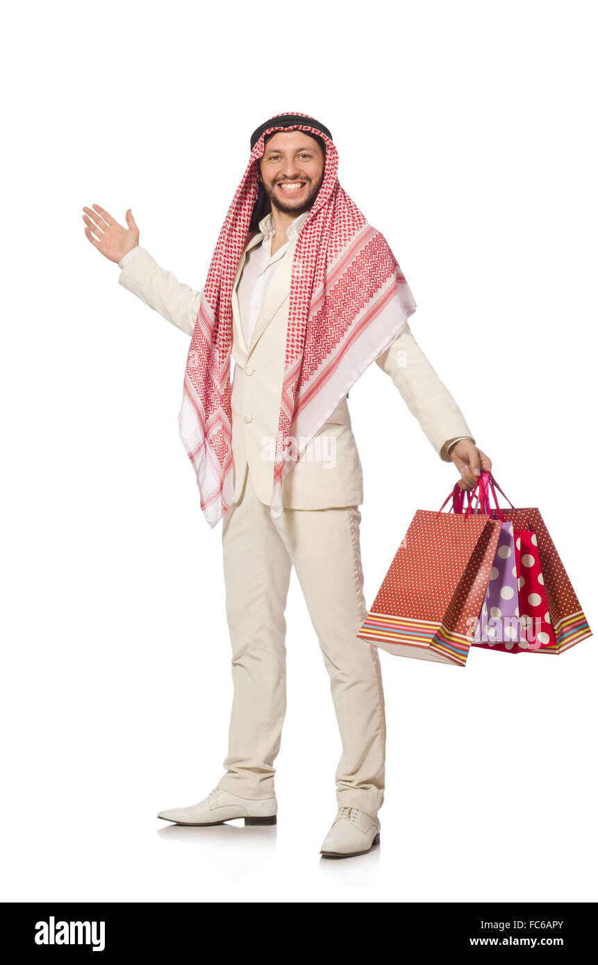 Arab man with shopping bags on white Stock Photo - Alamy