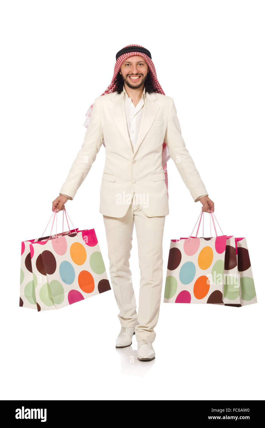 Arab man with shopping bags on white Stock Photo - Alamy