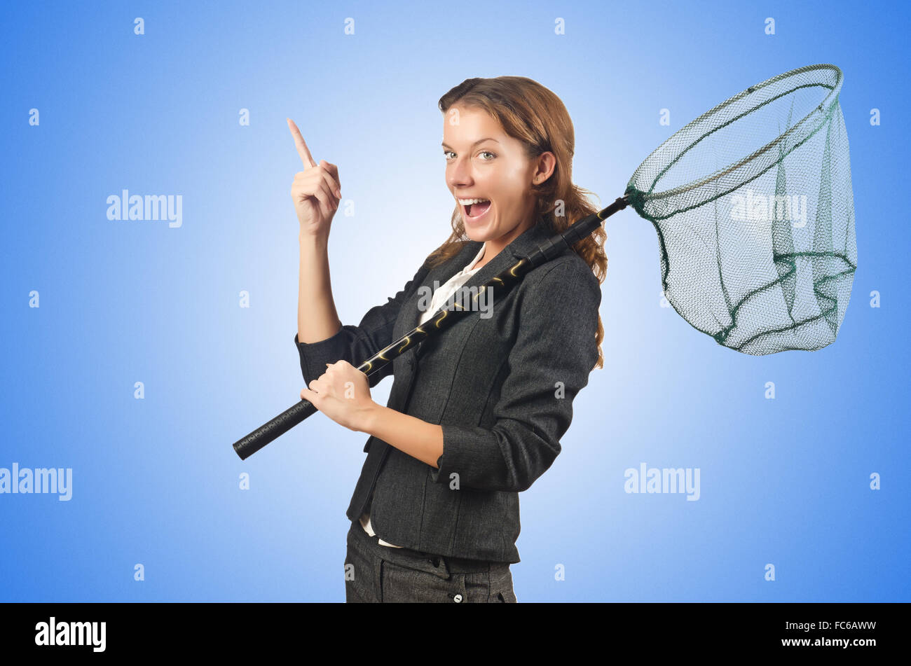 Woman with net isolated on white Stock Photo - Alamy