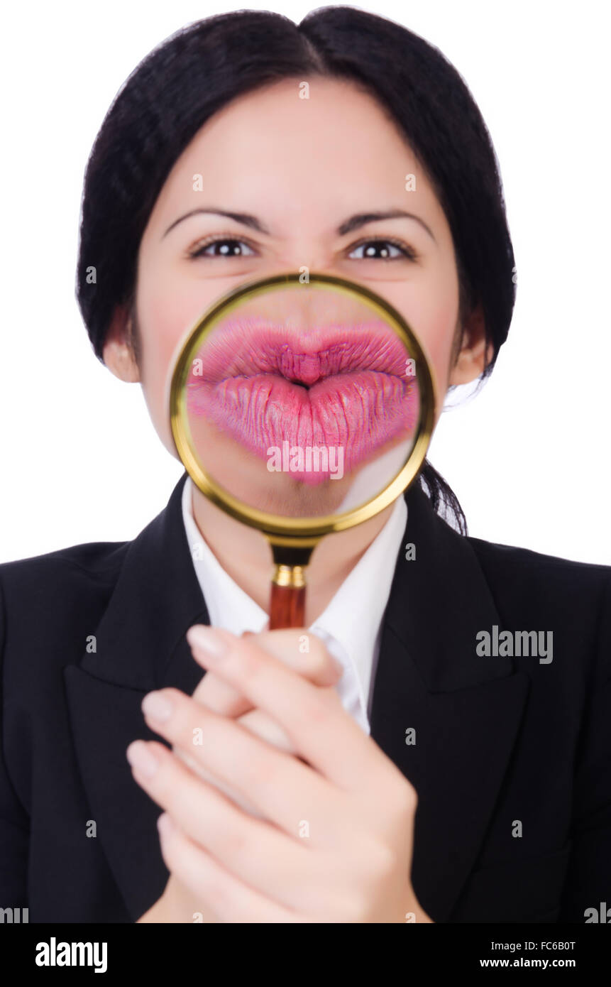 Business woman holding magnifying glass isolated on white Stock Photo ...