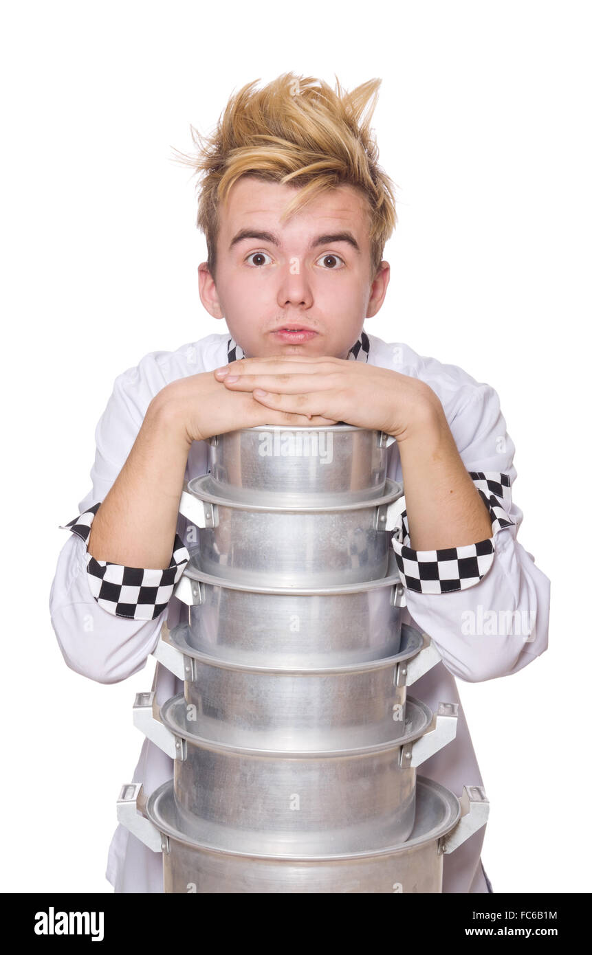 Funny chef with pan isolated on white Stock Photo - Alamy
