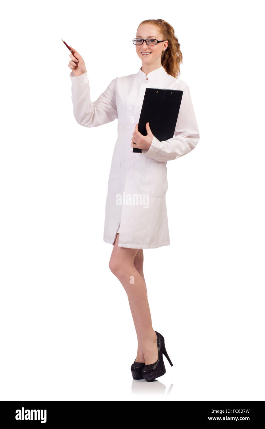 Pretty female doctor holding diary isolated on white Stock Photo - Alamy