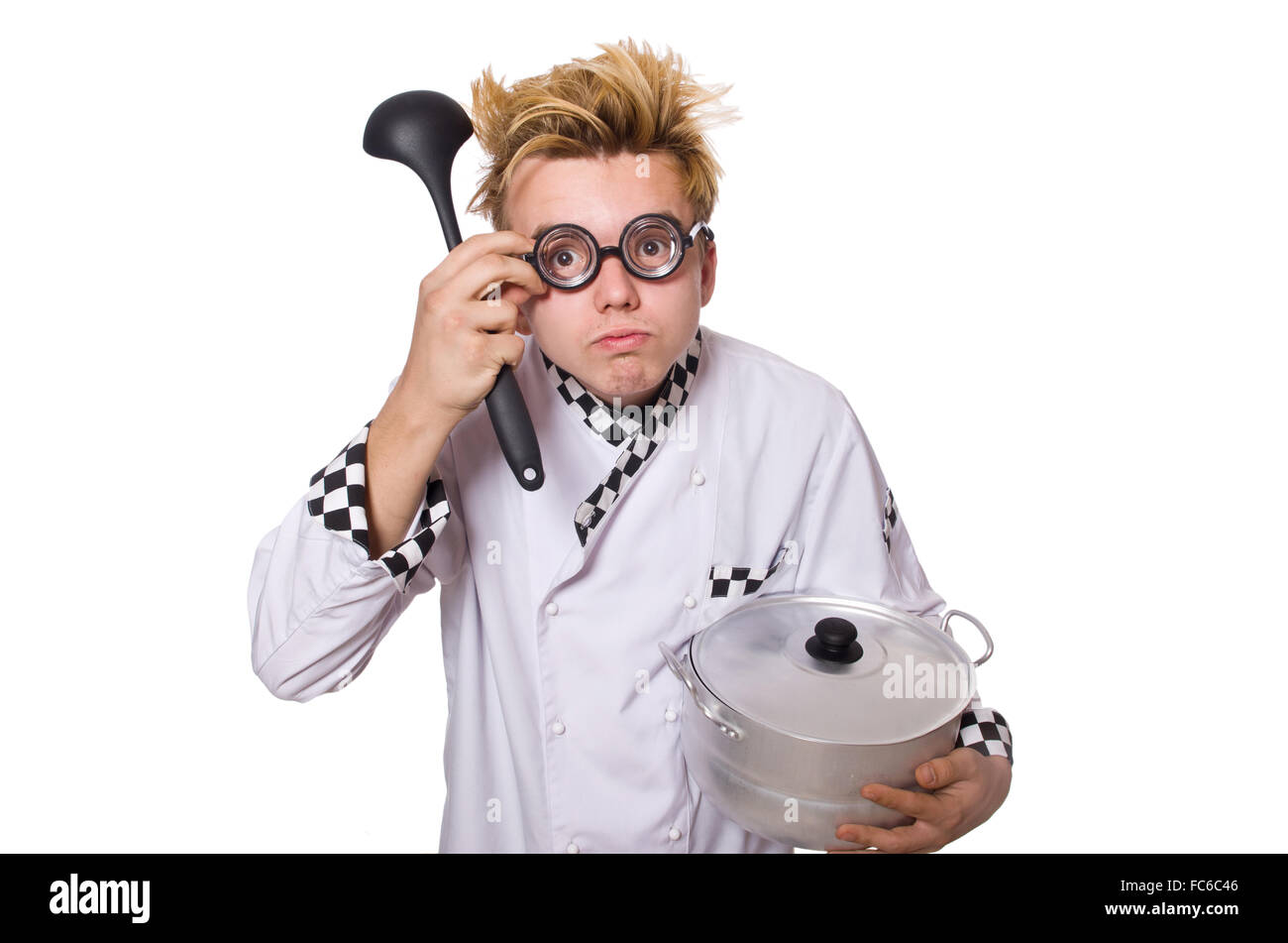 Funny chef holding pan and spoon isolated on white Stock Photo - Alamy